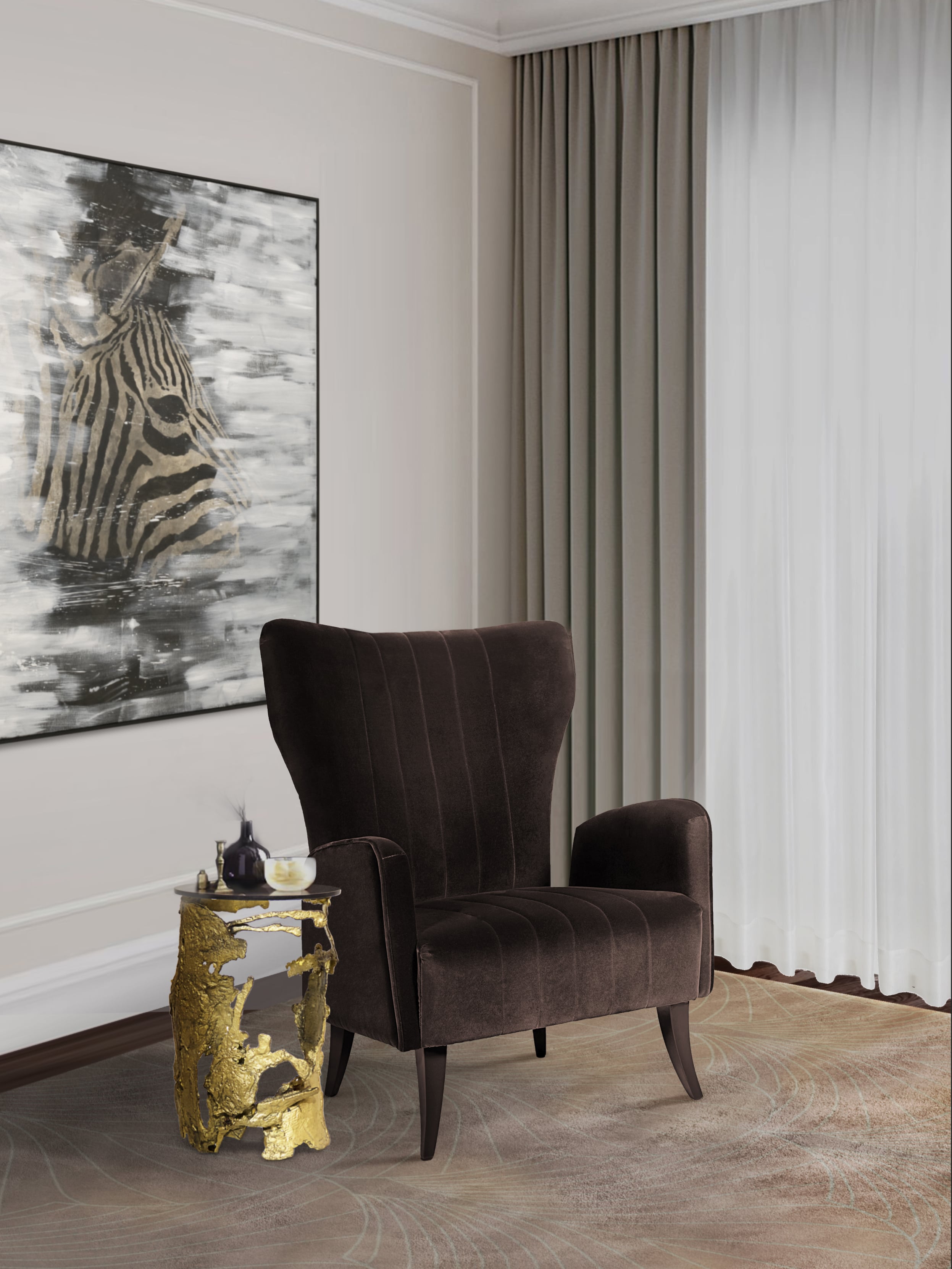 Modern Contemporary Reading Corner With Velvet Armchair And Modern Silk ...