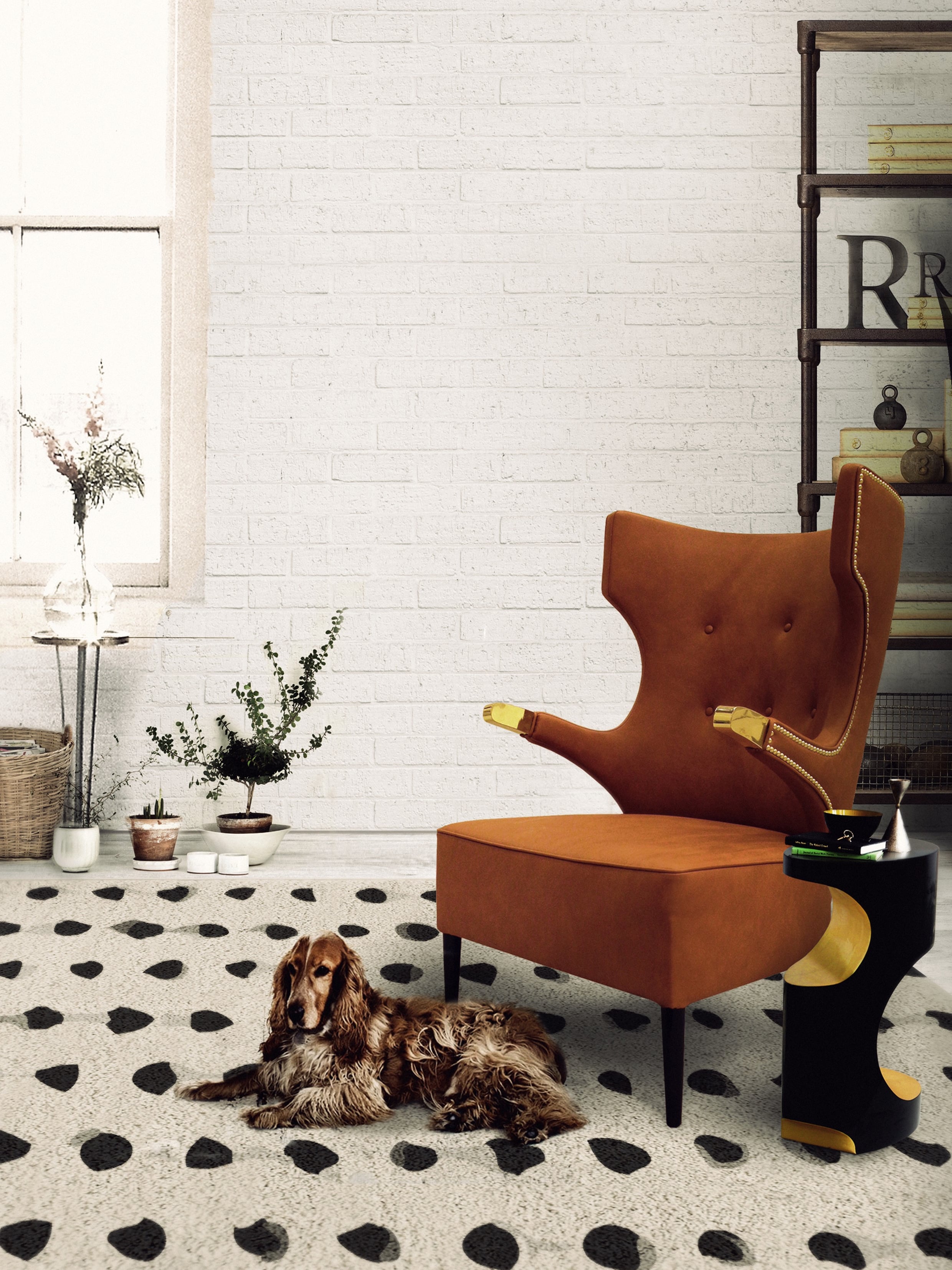 Modern Midcentury Reading Corner Design With Orange Wingback Armchair ...