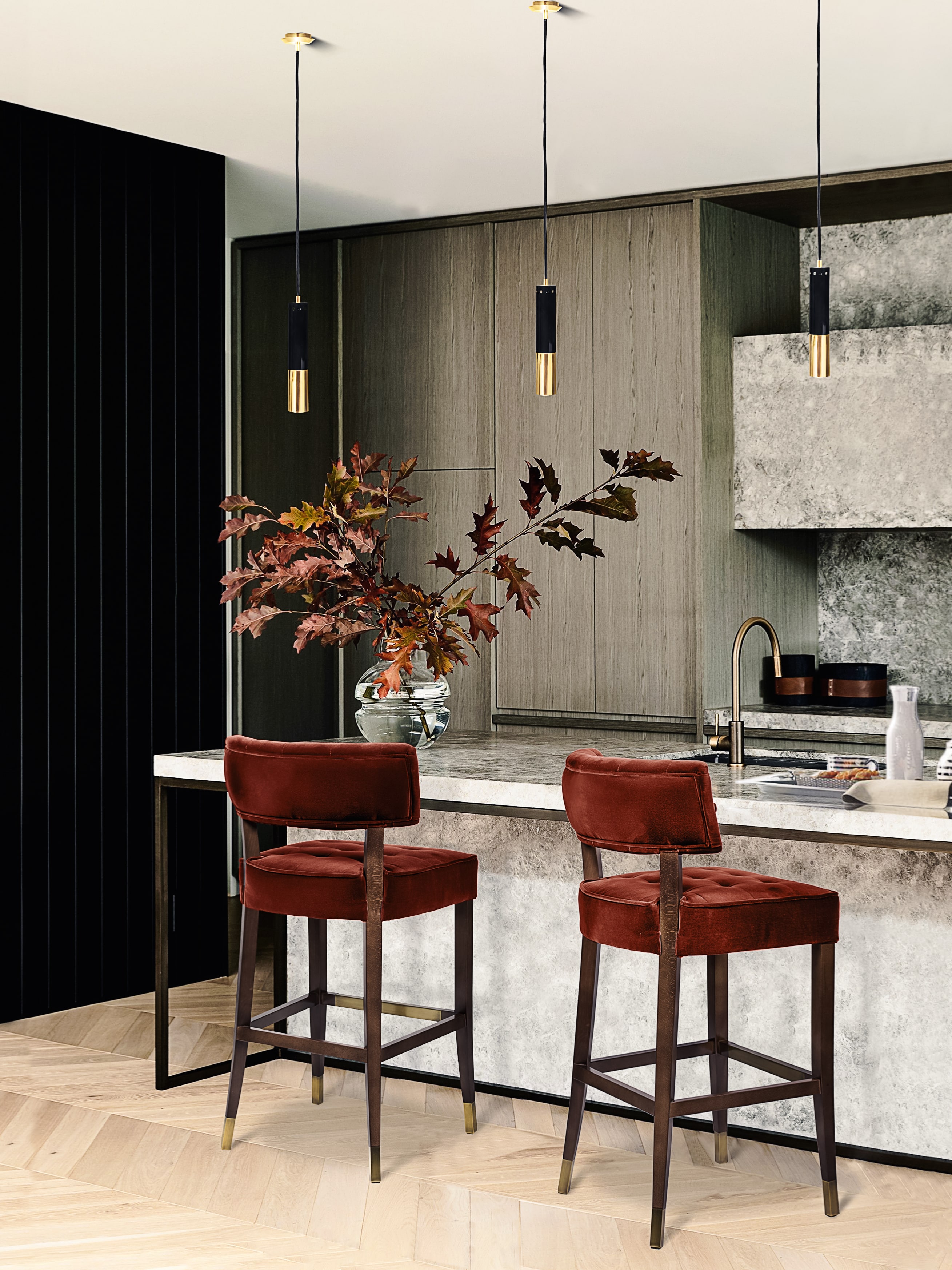 Modern Classic Kitchen Design With Leather Counter Stool And Gold ...