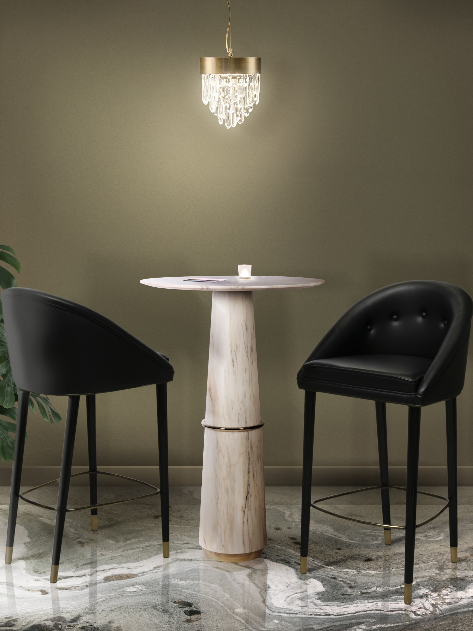 Sophisticated Home Bar Design With A Round Marble Bar Table And Black ...