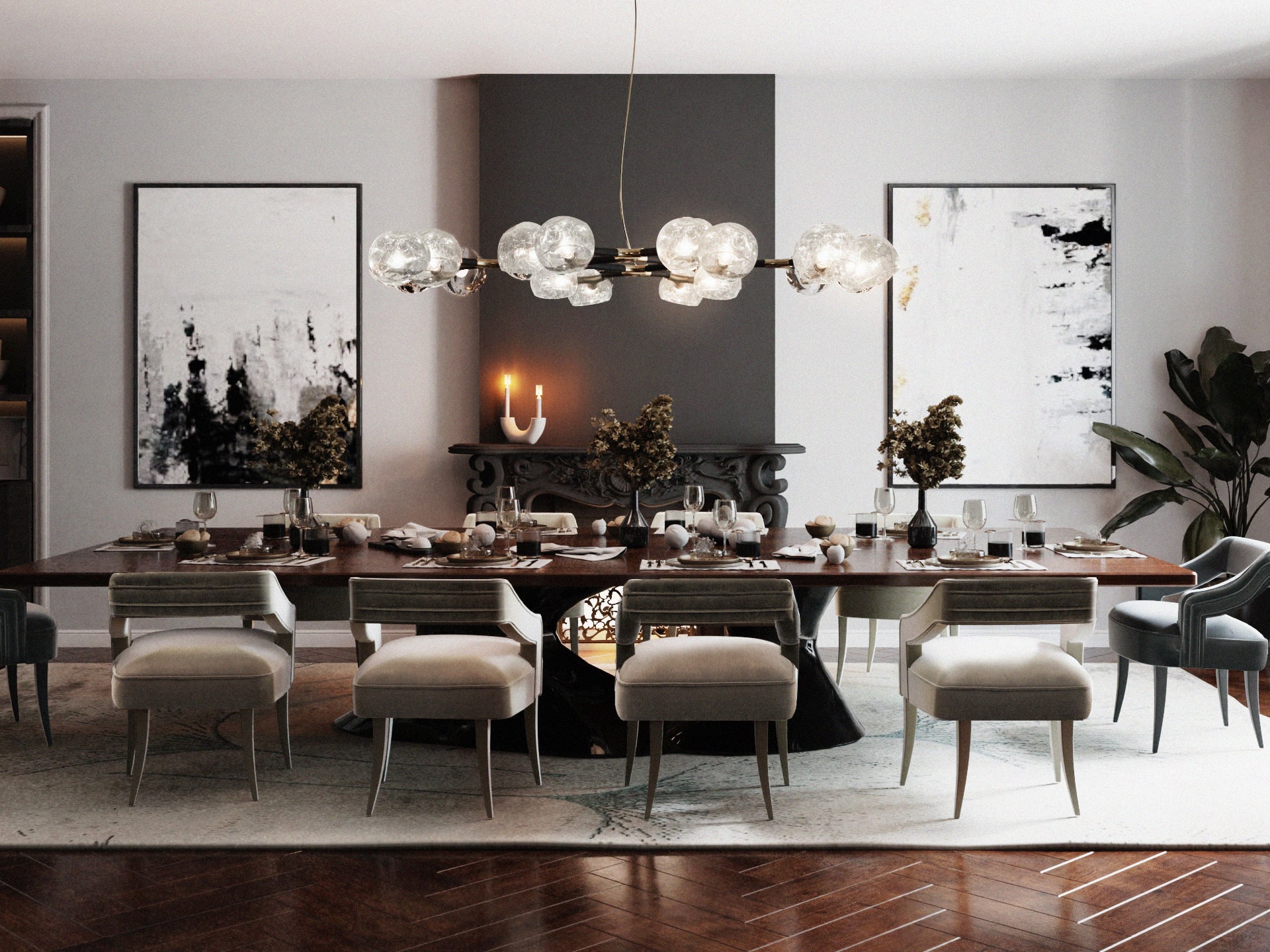 Modern Dining Room Design With Wood Dining Table And Velvet Dining ...