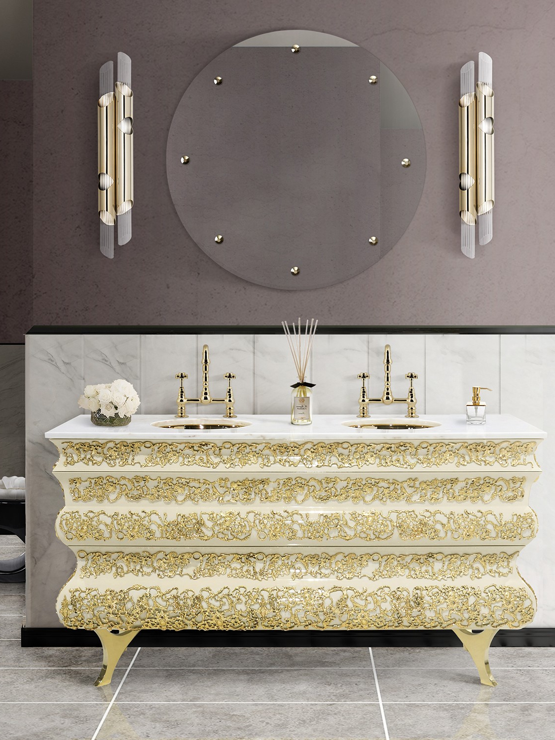 Golden Luxury Bathroom Design With Golden Round Mirror - Home's Society