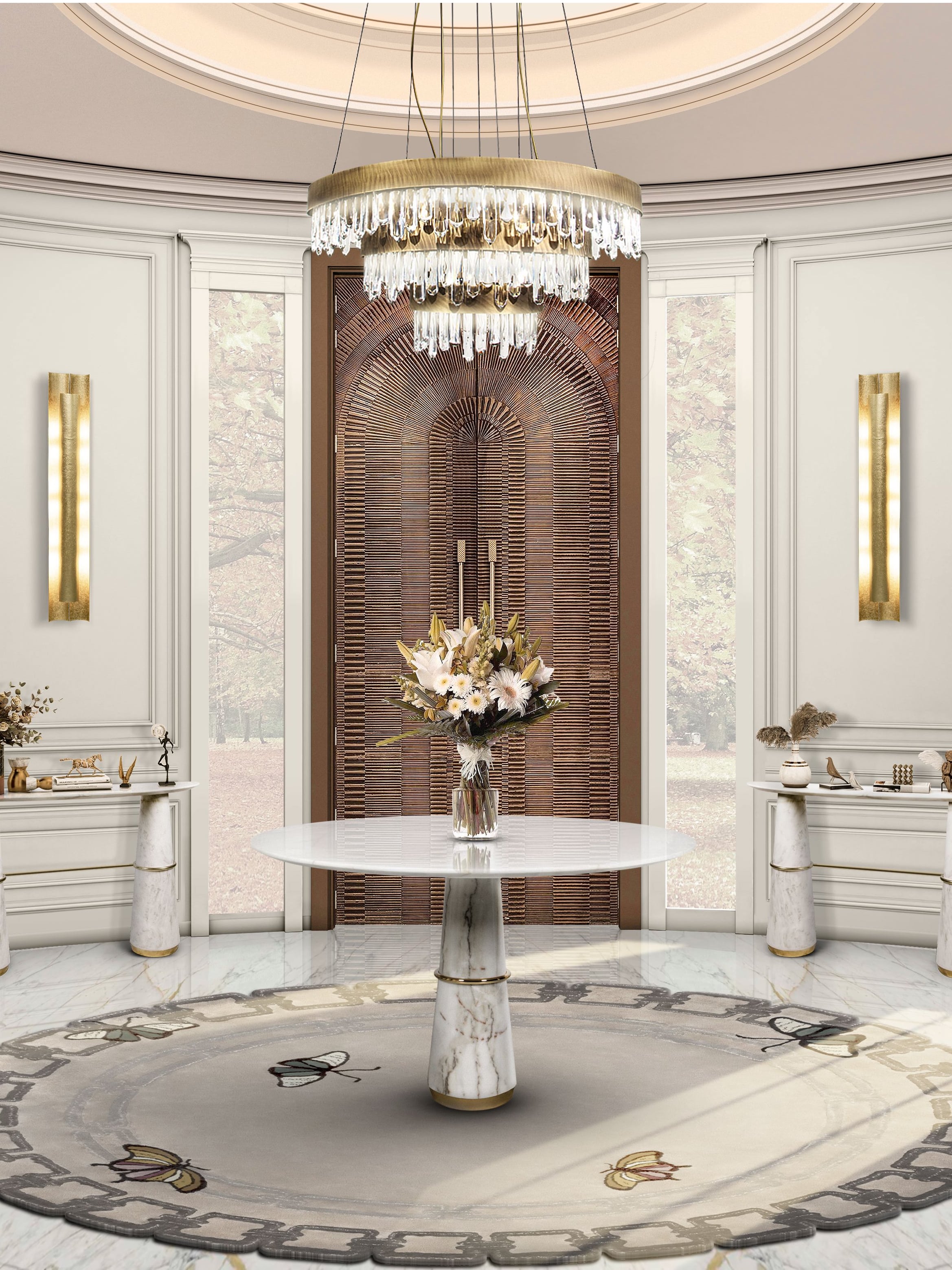 White Hallway Interior Design With White Marble Table - Home's Society