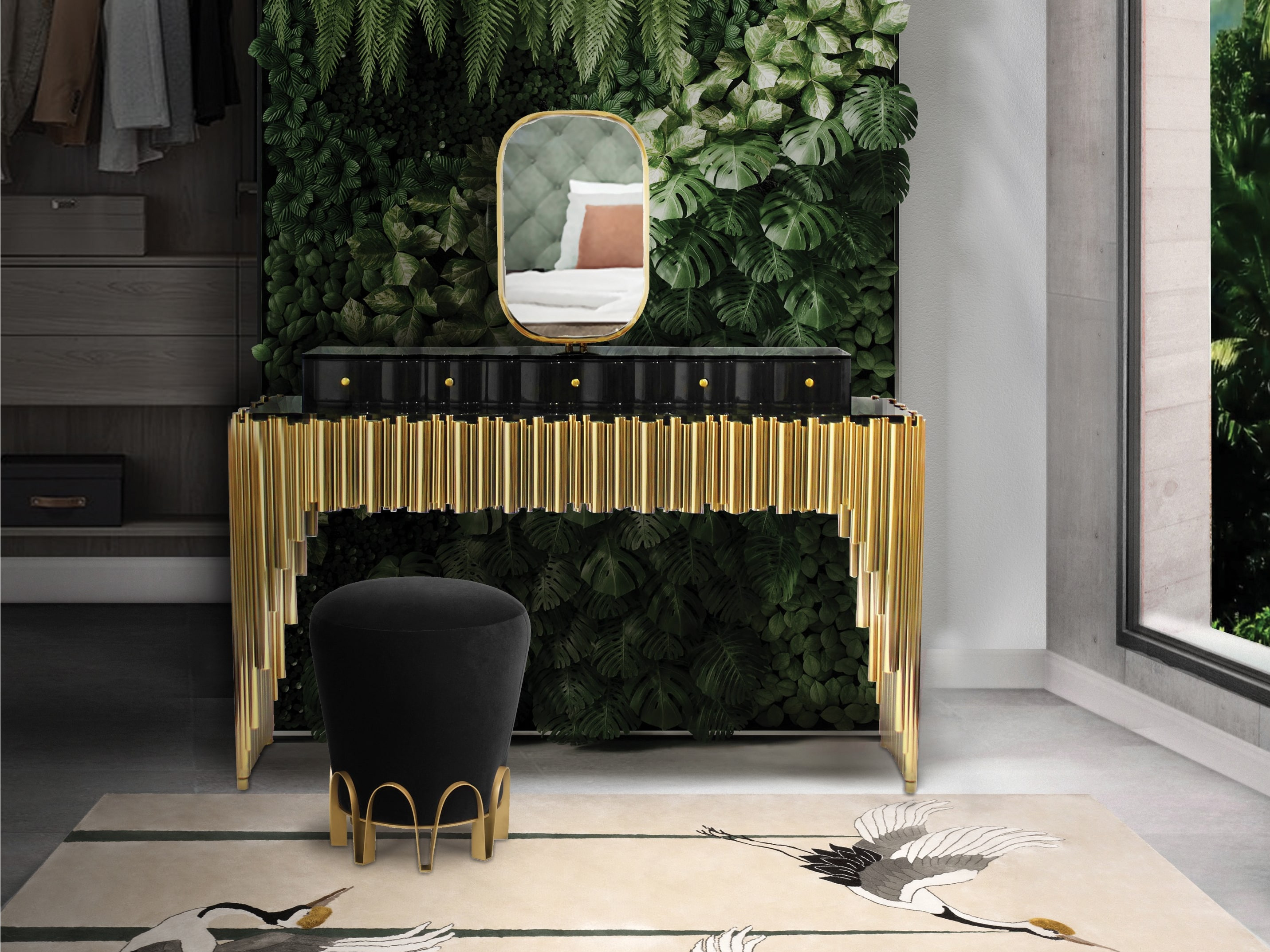Modern Closet With Golden Dressing Table And Small Stool - Home's Society