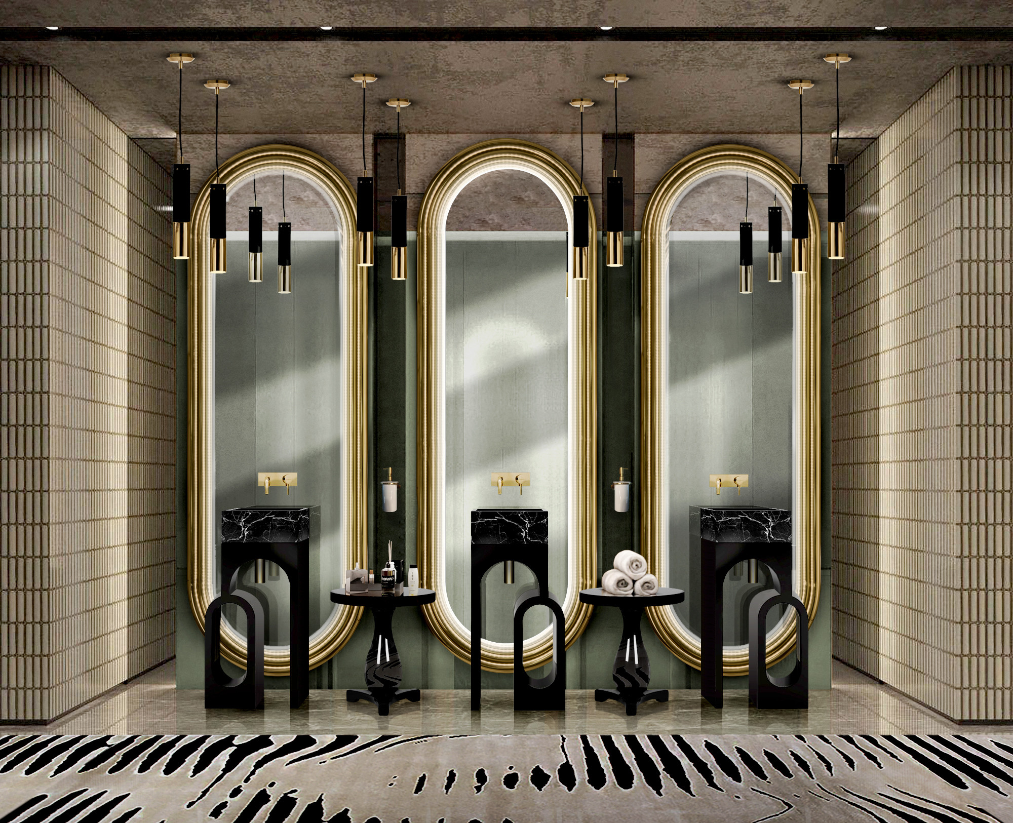 Modern Public Bathroom With Triple Black Pedestal Sinks And Luxury ...