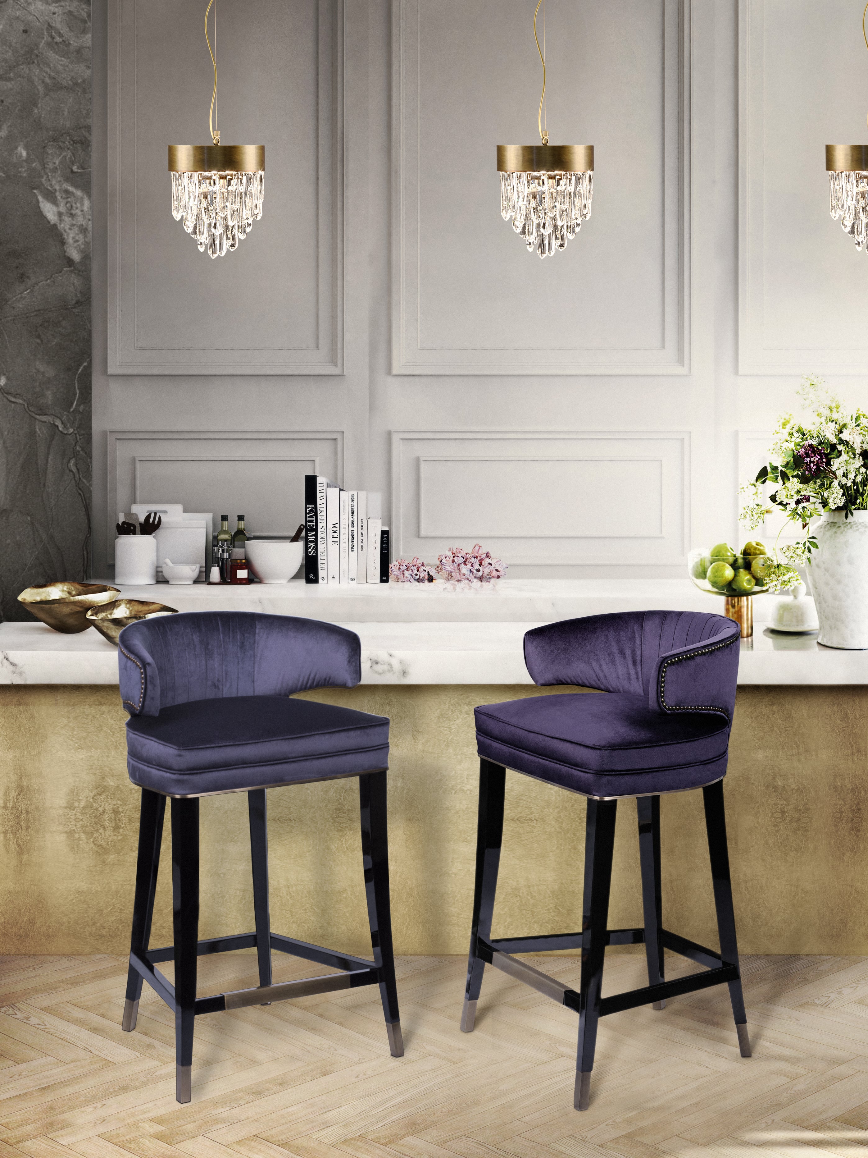 Neutral Kitchen With Bright Color Counter Stool - Home's Society