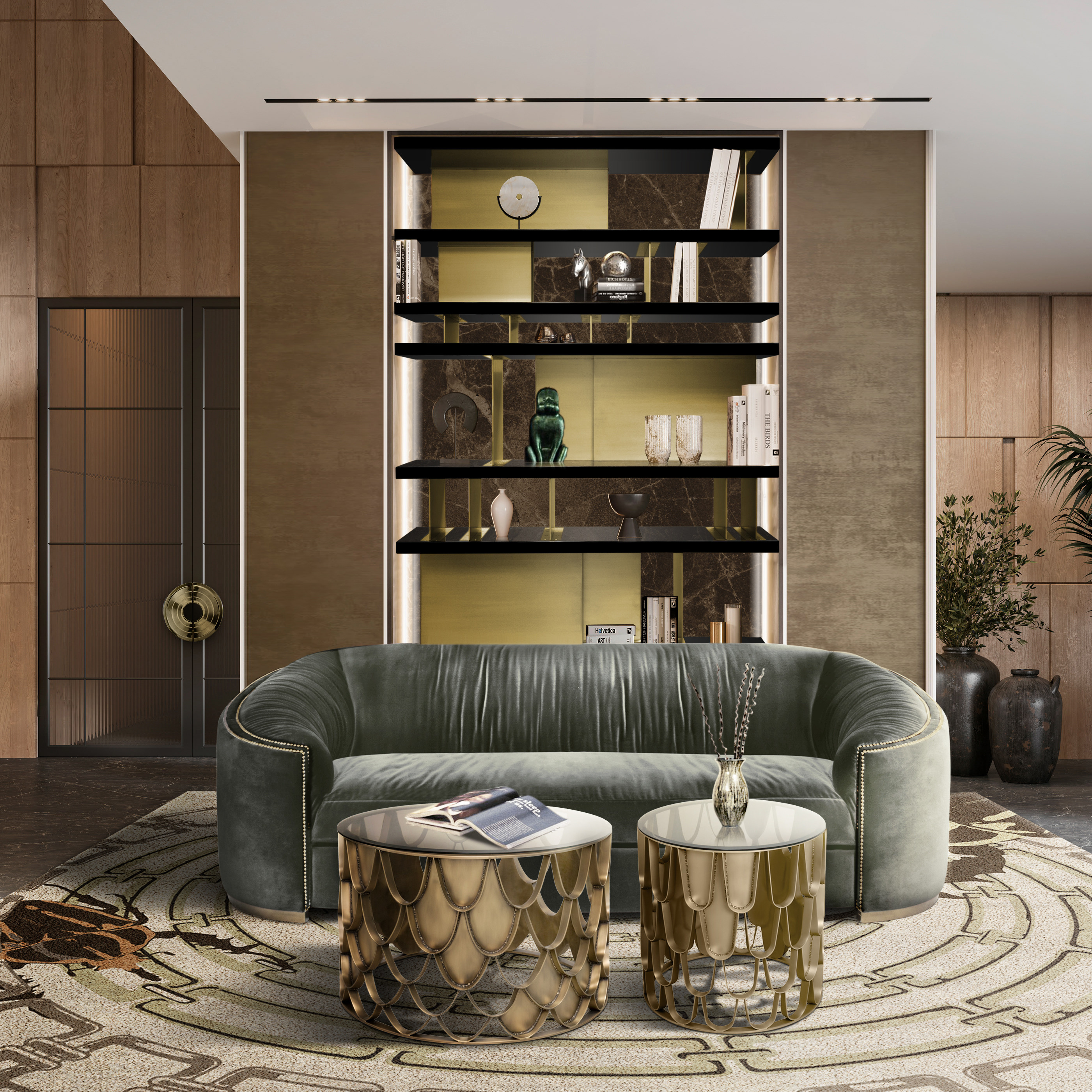 Luxurious Hotel Lobby With Green Velvet Sofas And Lallan Bookcase ...